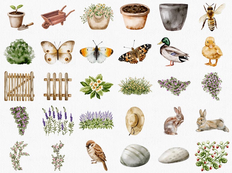 Watercolor Garden Clipart Set: Flowers, Herbs, Tools (65 PNG Files ...