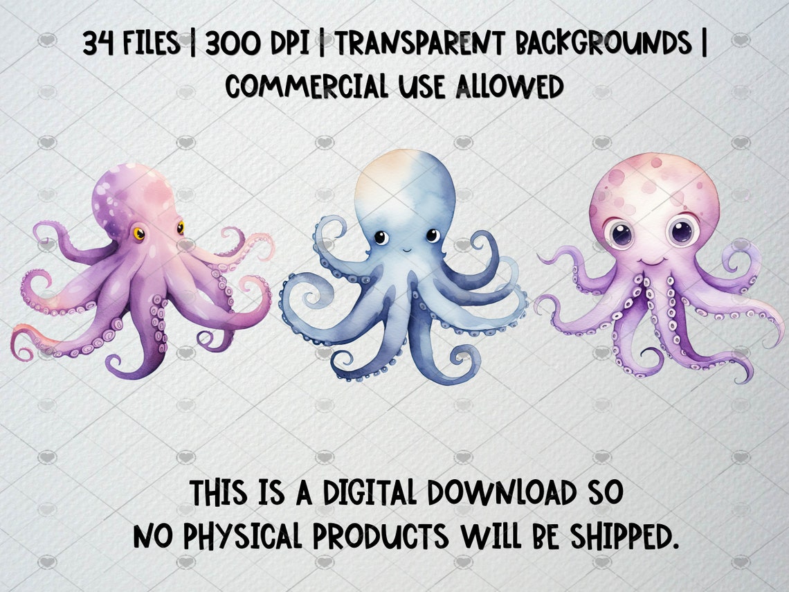 Watercolor Octopus Clipart Set of 34 PNG Files, Sea Animals Clipart ...