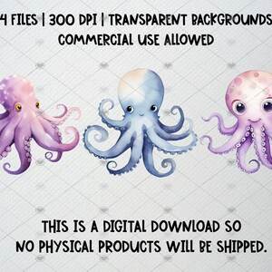Watercolor Octopus Clipart Set of 34 PNG Files, Sea Animals Clipart ...