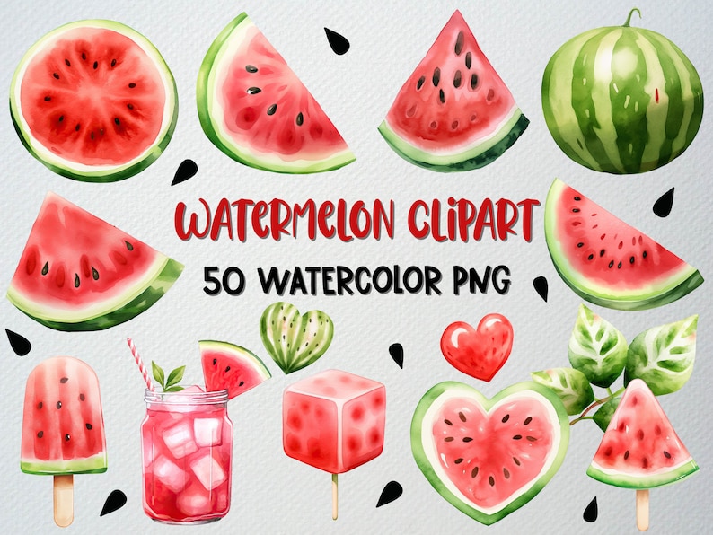 Watermelon Clipart Set of 50 PNG Files, Fruit Clipart, Summer Clipart ...