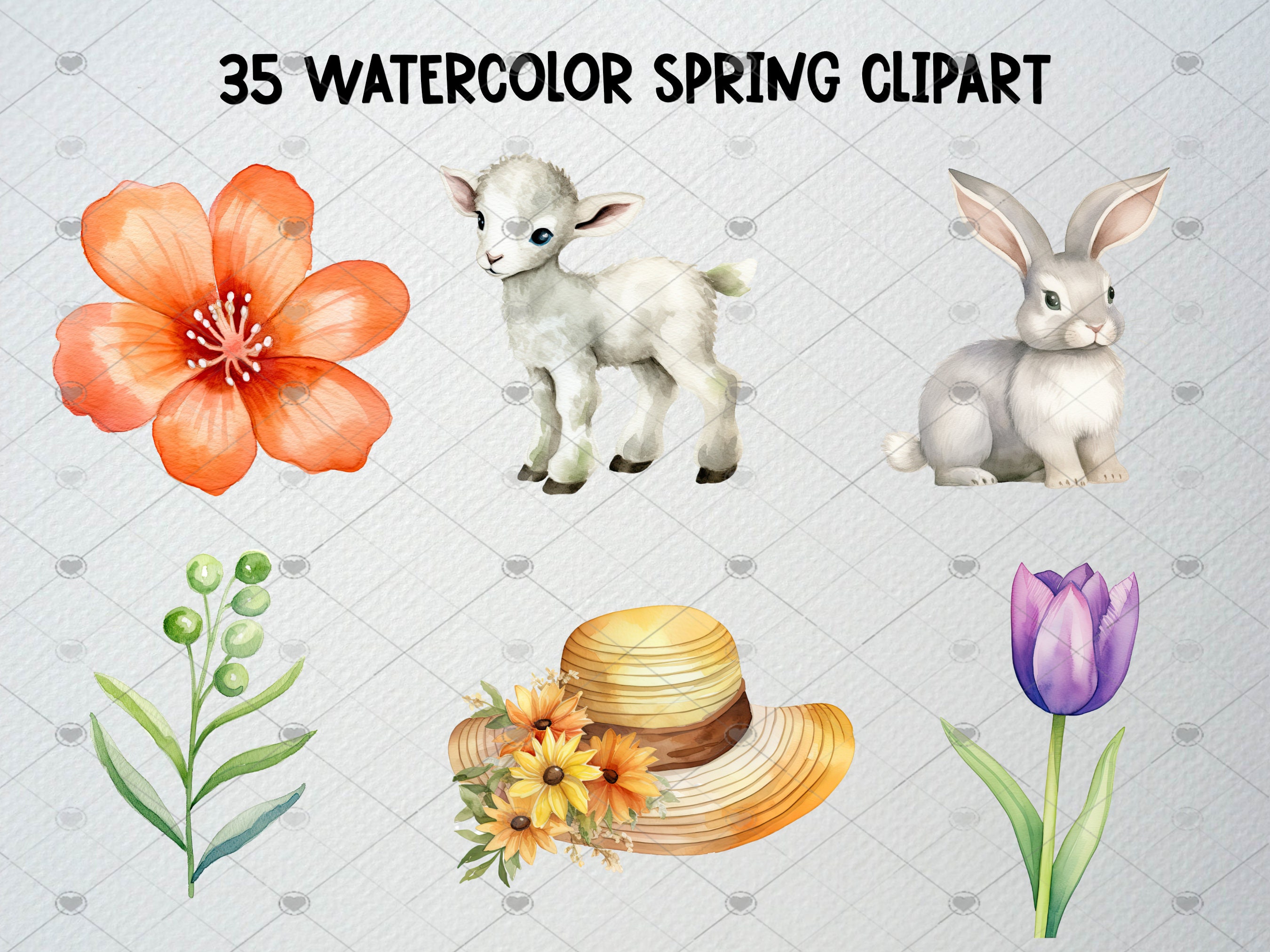 Watercolor Spring Clipart Set of 35 PNG Files, Floral Clipart, Easter ...