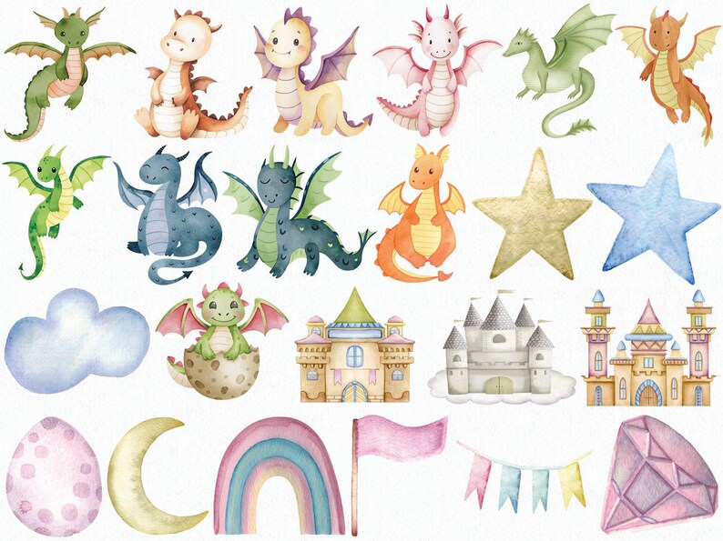 Watercolor Dragon Clipart Set, Fantasy Dragon Art, Baby & Cute Dragon ...
