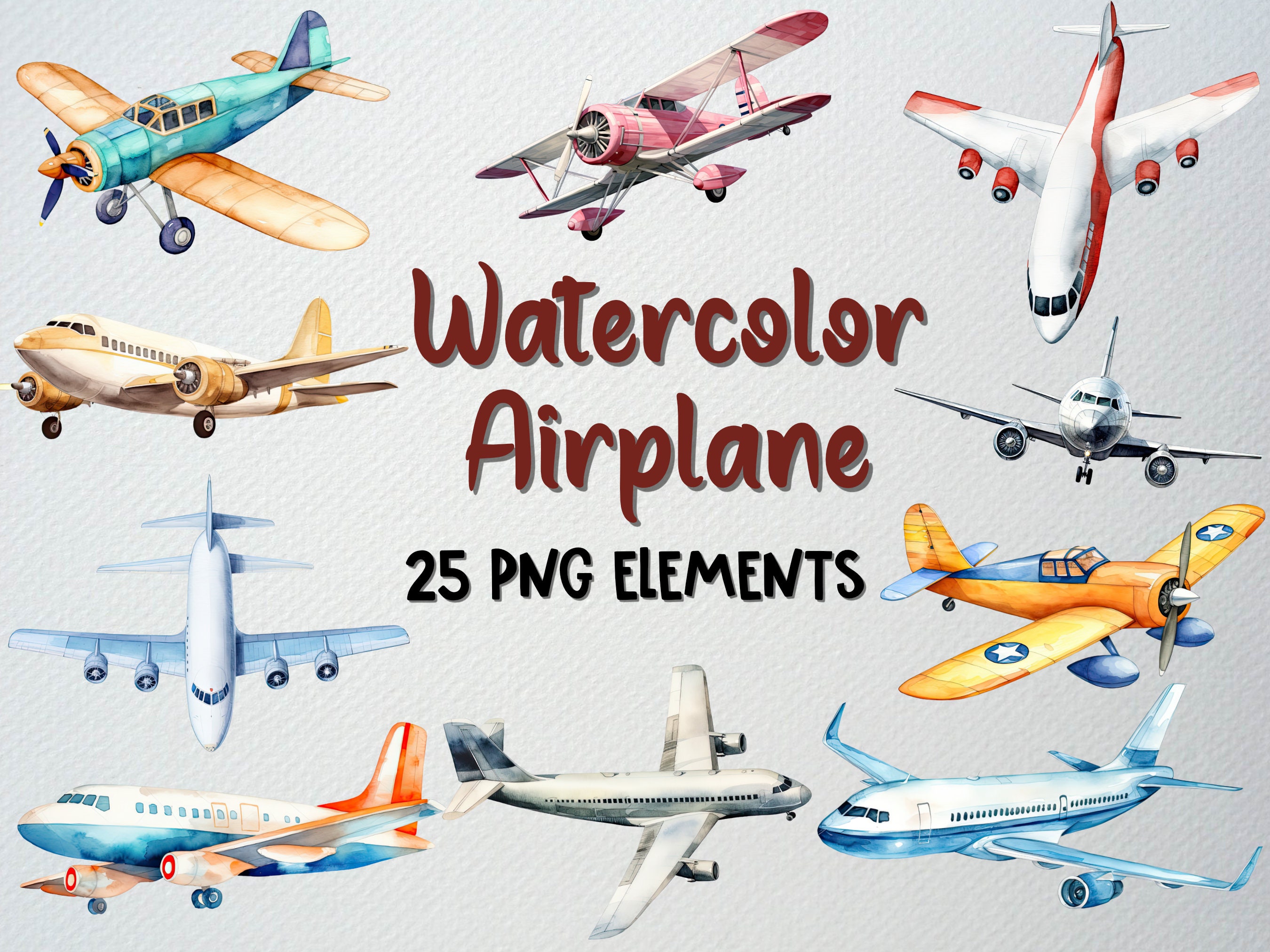 Watercolor Airplane Clipart Set: 25 PNG Transport Illustrations ...