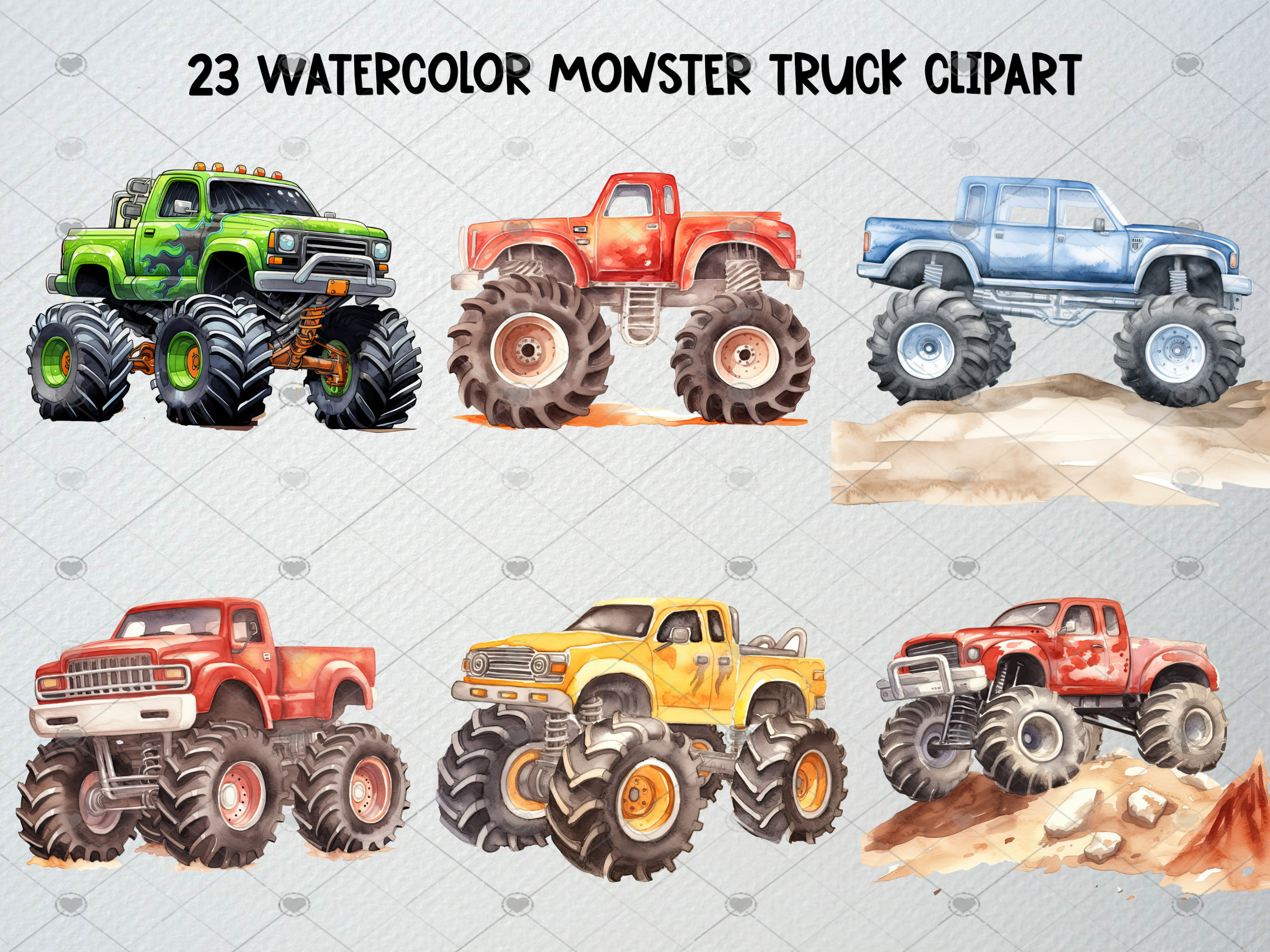 Watercolor Monster Truck Clipart Set: 23 PNG Files - Etsy