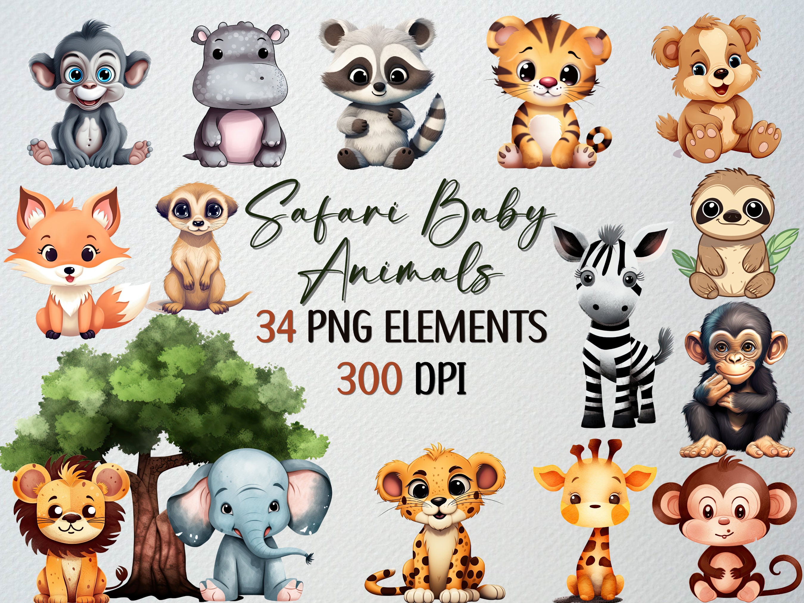 Baby Safari Animals Clipart, Cute Animals PNG Bundle, Jungle Clipart ...