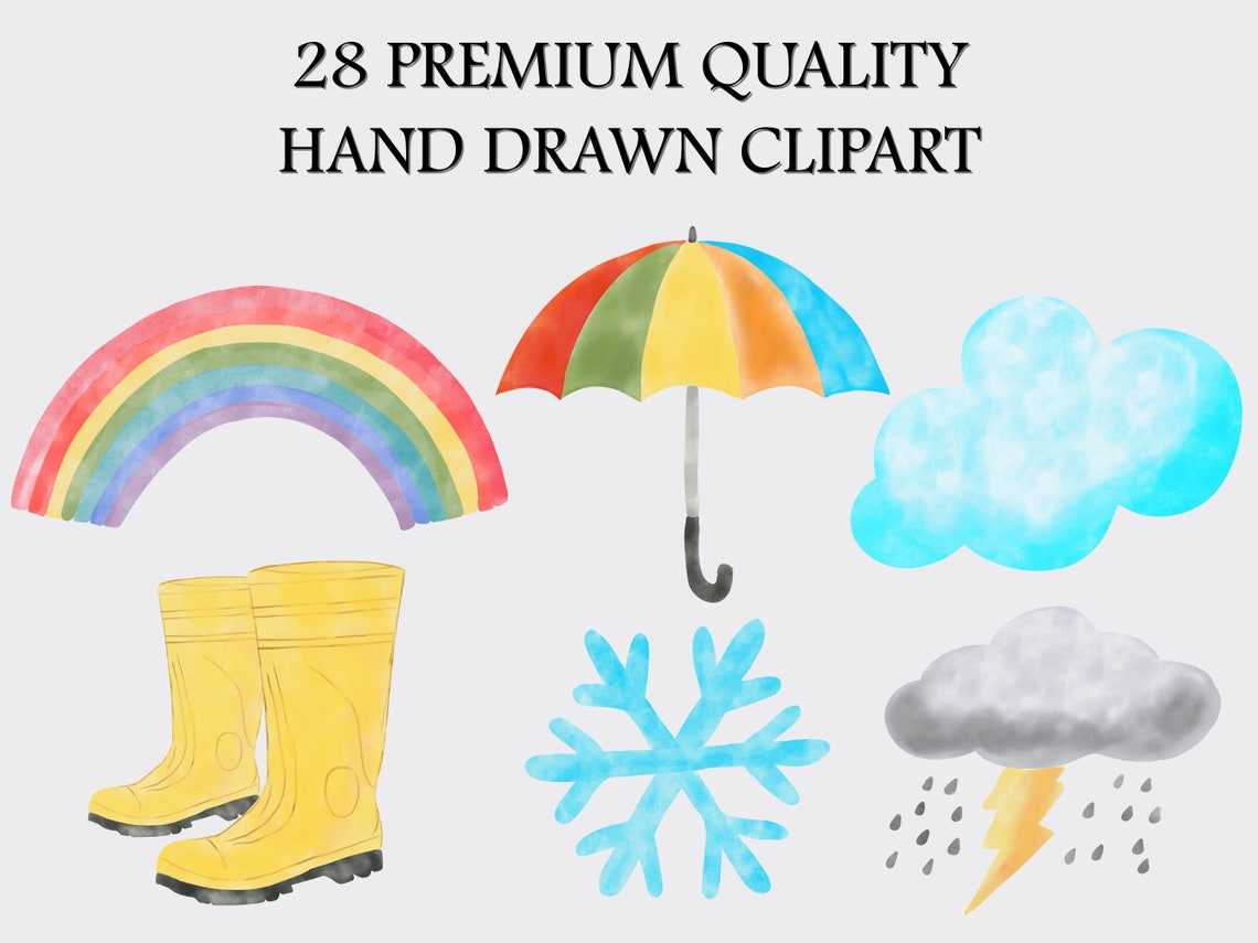 Watercolor Weather Clipart Set of 28 PNG Files, Rainbow Clipart, Cloud ...