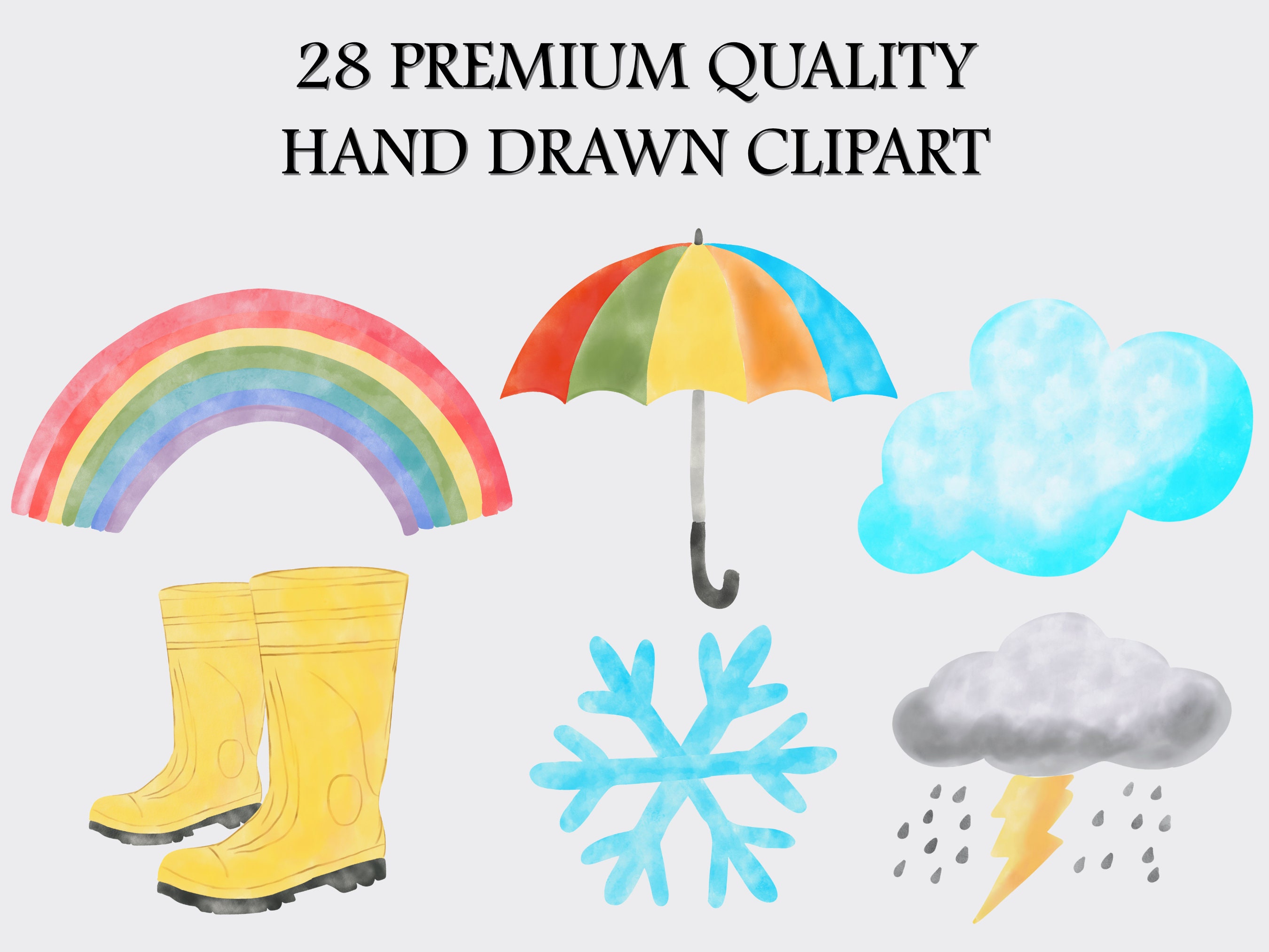 Watercolor Weather Clipart Set of 28 PNG Files, Rainbow Clipart, Cloud ...