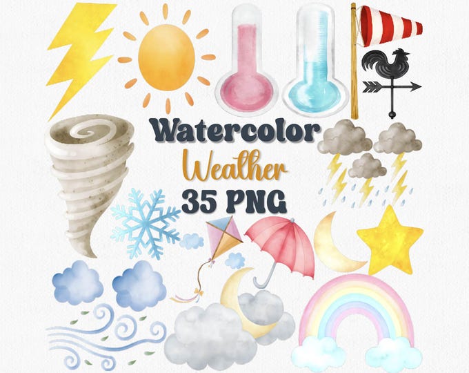 Weather Watercolor Clipart Set, Cloud Sun Rainbow Illustration, Tornado ...