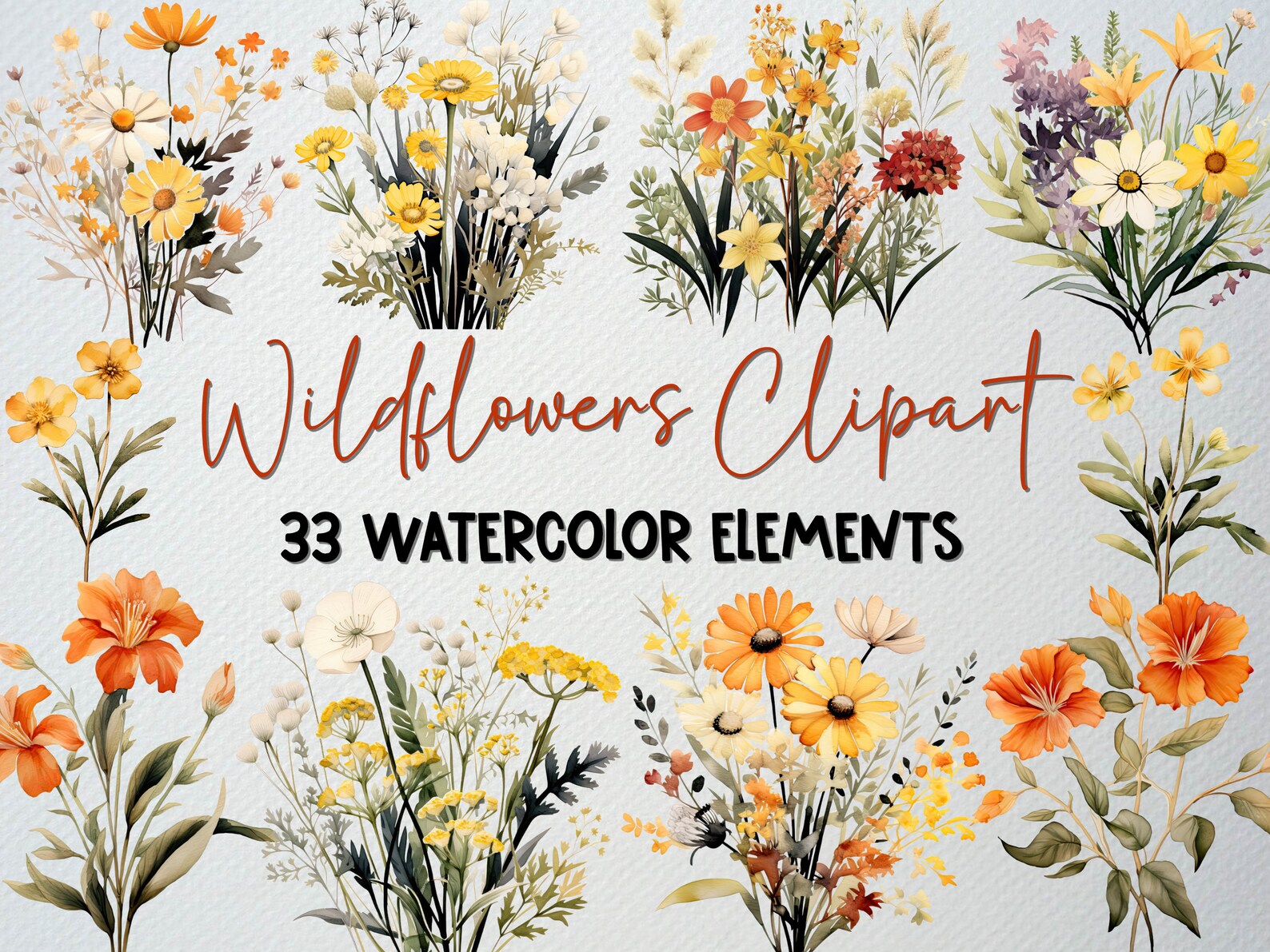 Watercolor Wildflowers Clipart Set of 33 PNG Files, Floral Clipart ...