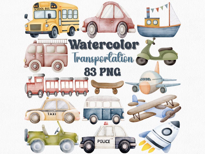Watercolor Transportation Clipart – 83 PNG, Cars, Truck, Bus, Plane ...