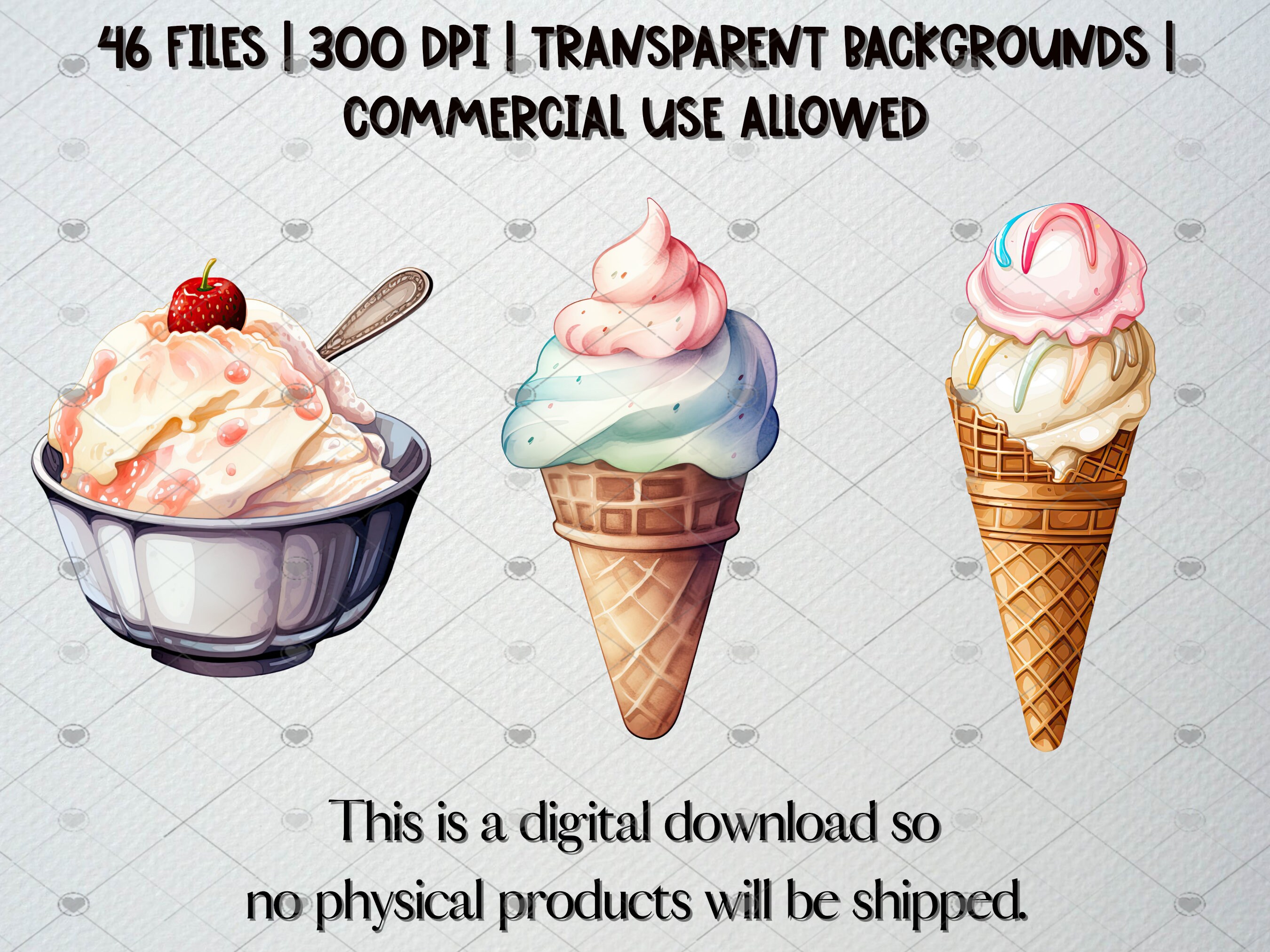 Watercolor Ice Cream Clipart Set: 46 PNG Summer Dessert Graphics ...