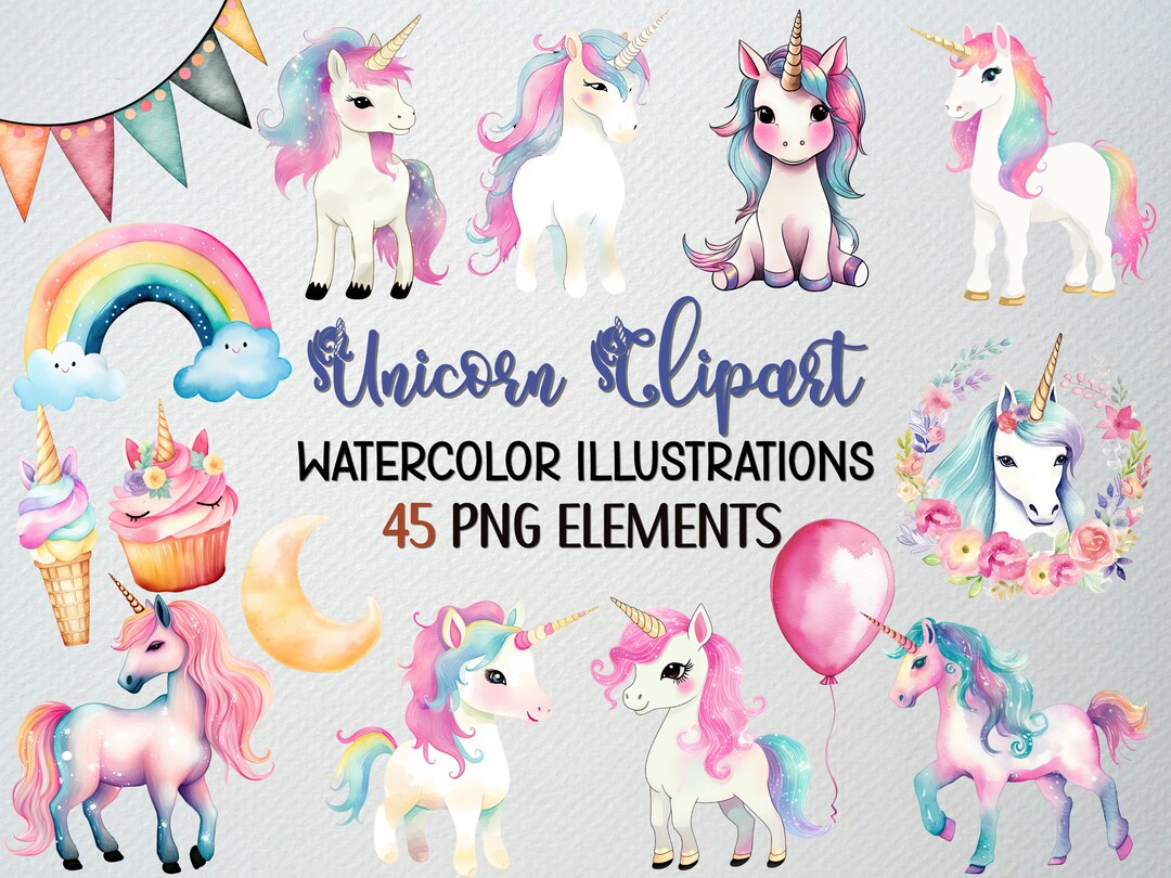 Watercolor Unicorn Clipart Set of 45 PNG Files, Baby Unicorn Clipart ...
