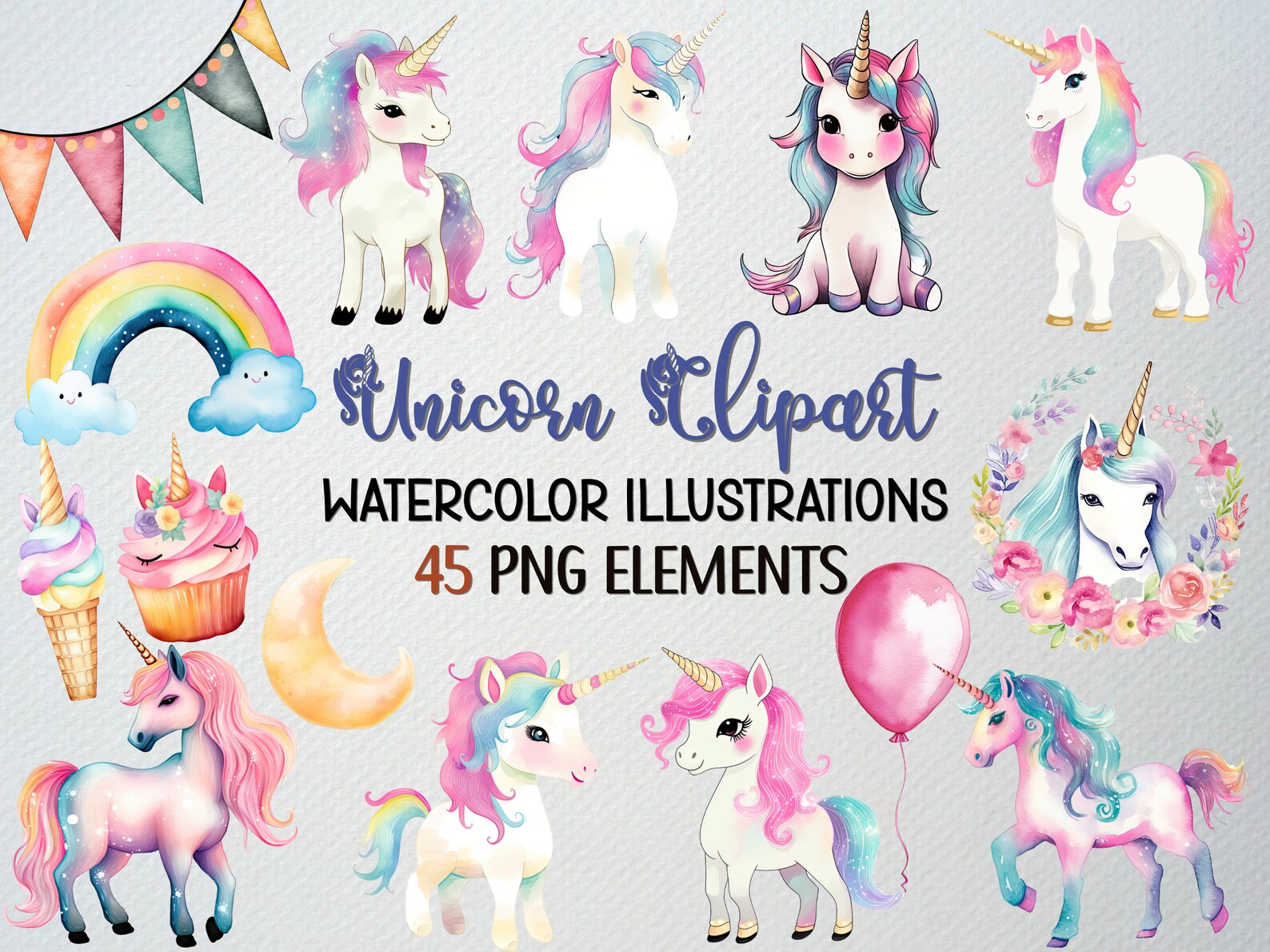 Watercolor Unicorn Clipart Set of 45 PNG Files, Baby Unicorn Clipart ...
