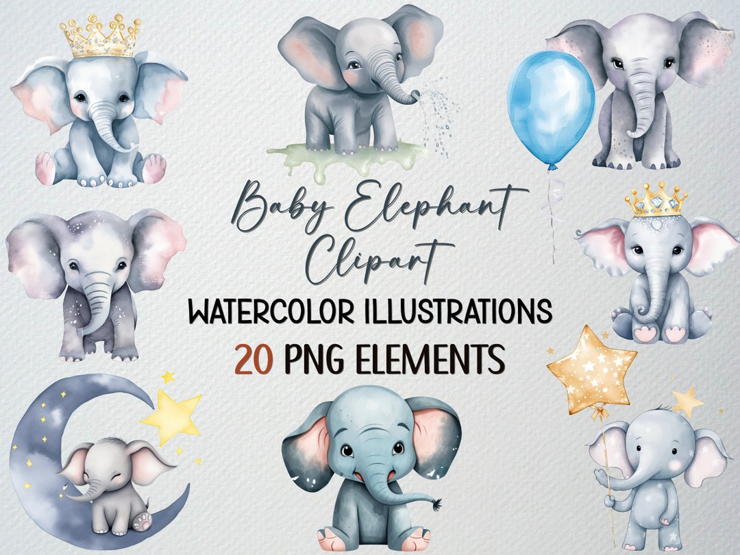 Watercolor Baby Elephant Clipart Set of 20 PNG Files, Baby Shower Clip ...