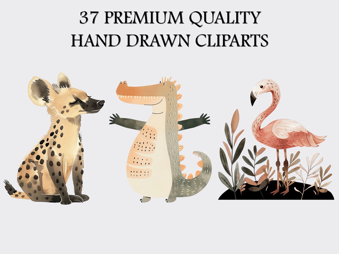 Watercolor Safari Animals Clipart Set of 37 PNG Files, Jungle Animals ...