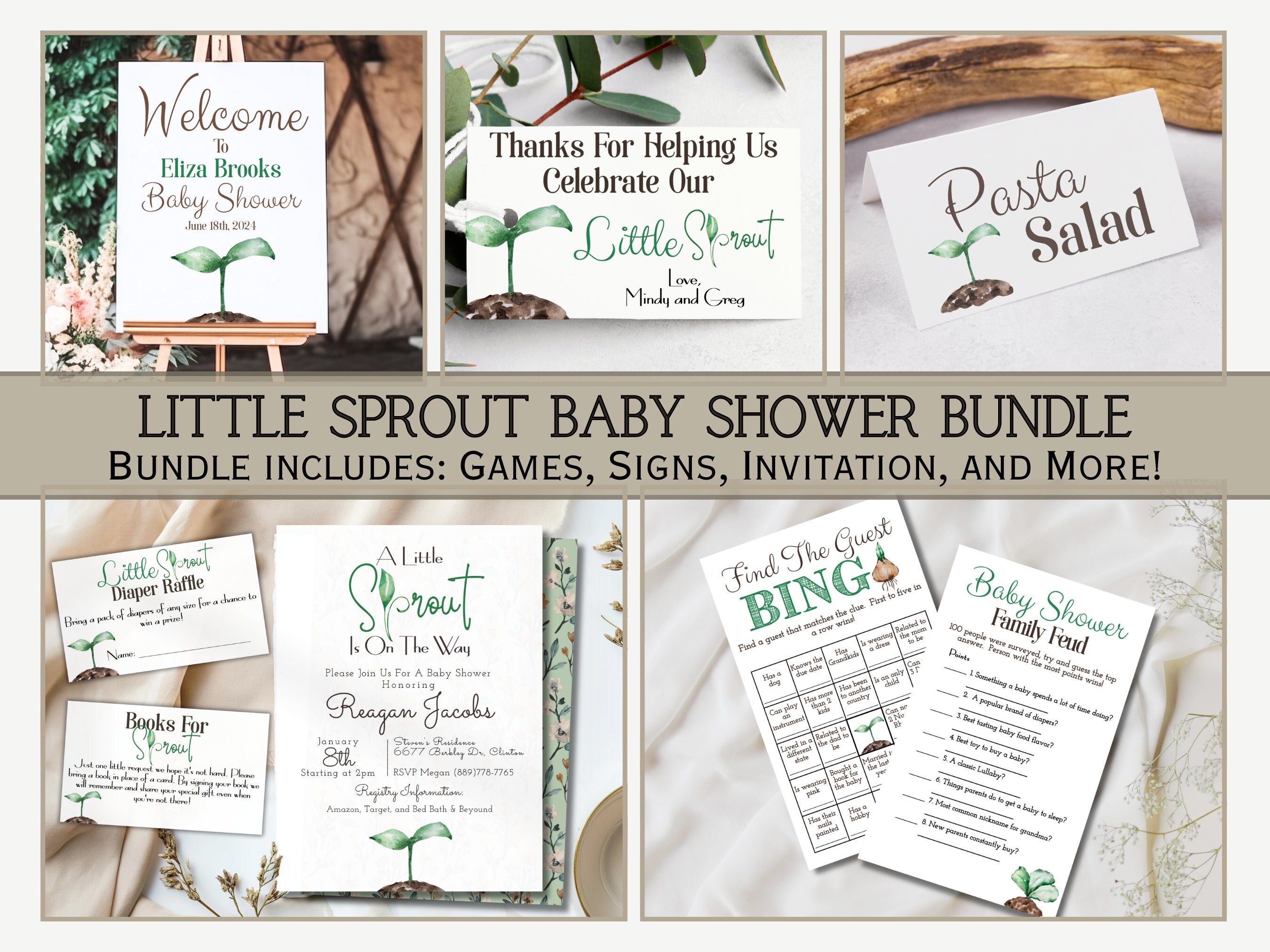 Little Sprout Baby Shower Bundle, Printable Floral Baby Shower Games ...