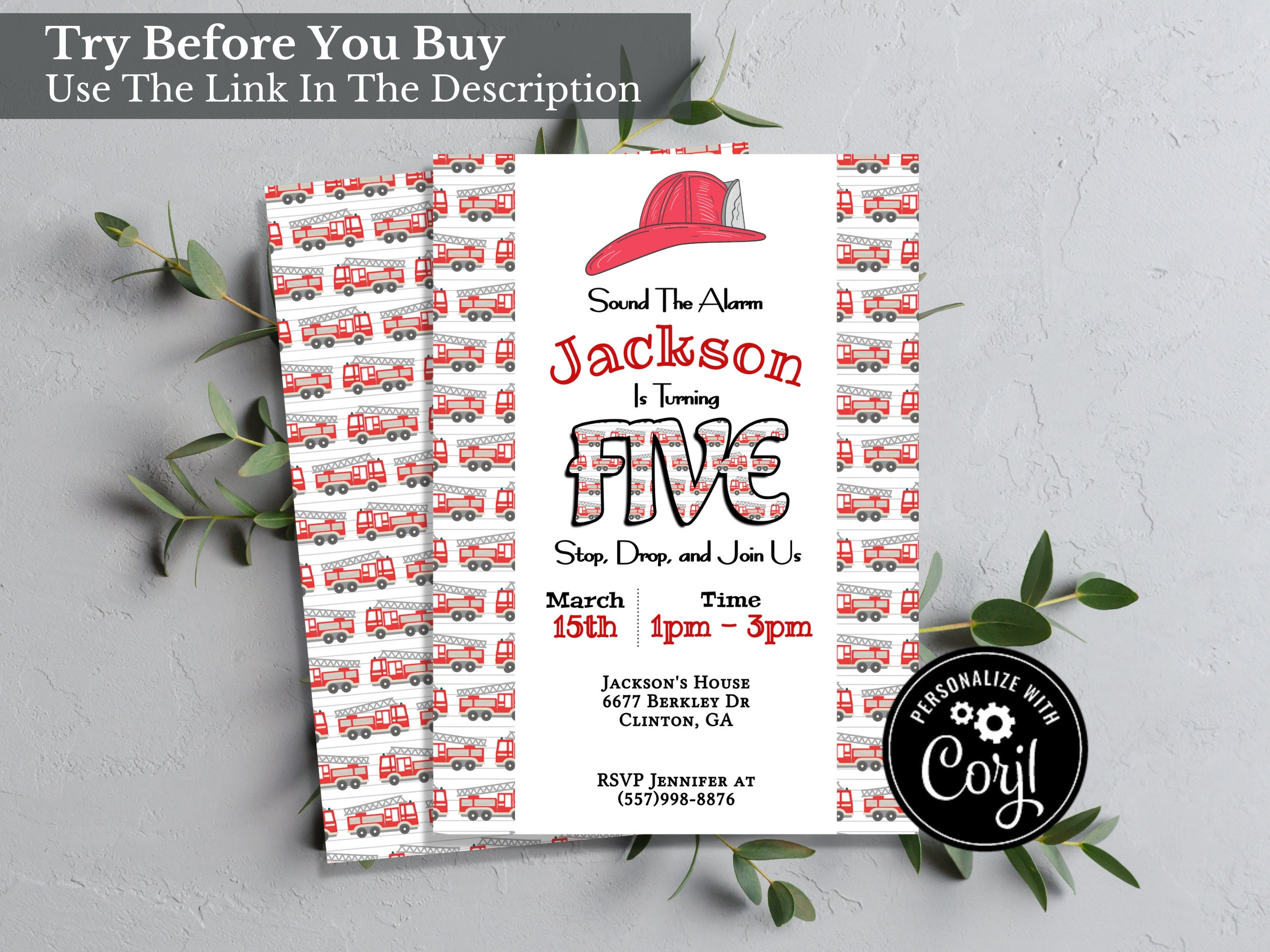 Editable Firetruck Birthday Invitation, Firefighter Invitation ...