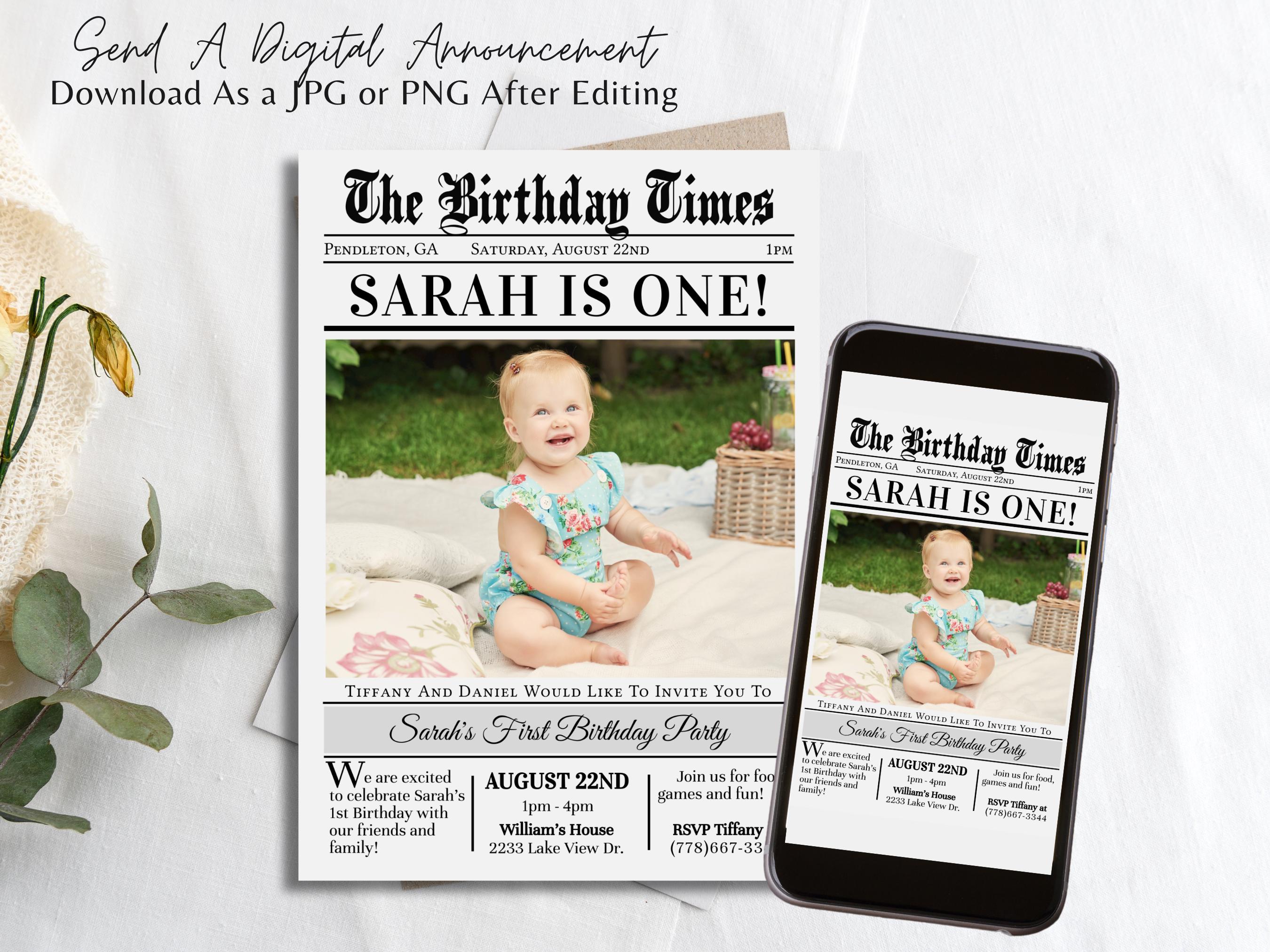 First Birthday Newspaper Invitation, Simple First Birthday Invitation ...