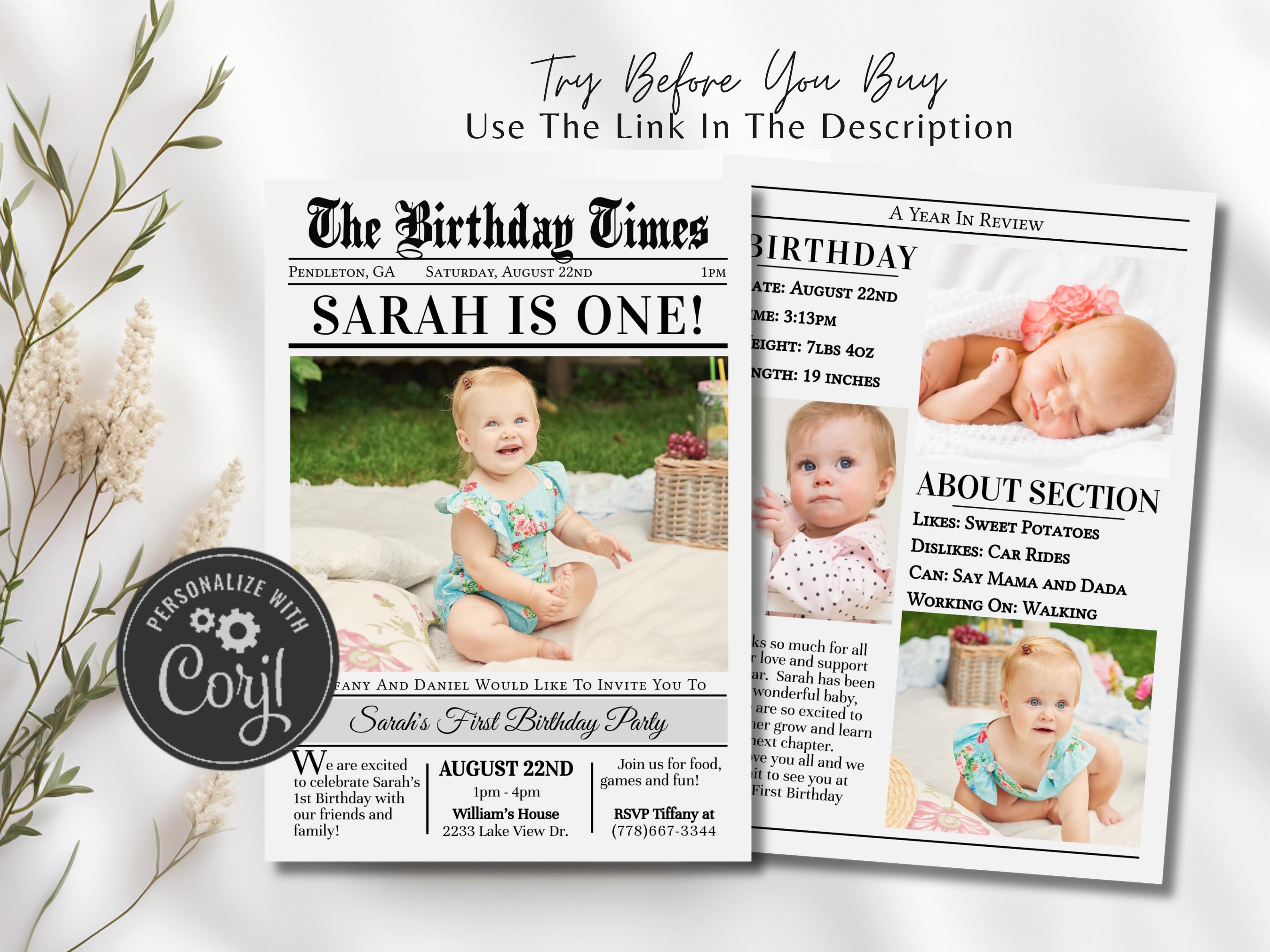 First Birthday Newspaper Invitation, Simple First Birthday Invitation ...