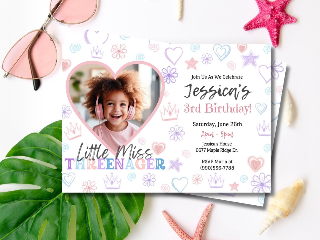 Little Miss Threenager Invitation, Third Birthday Invitation With Photo ...