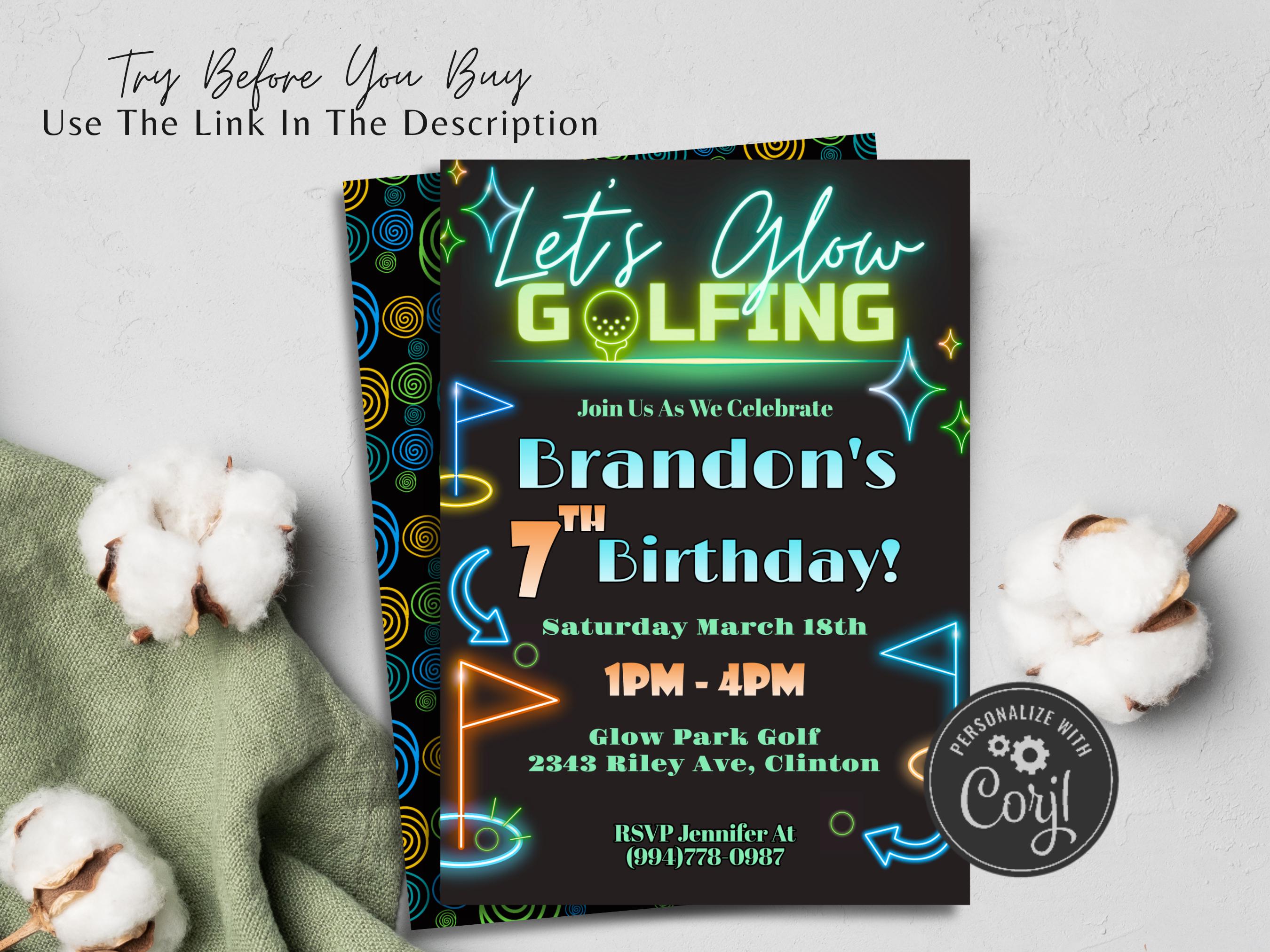 Editable Mini Golf Birthday Invitation, Glow Mini Golf Party Invite ...