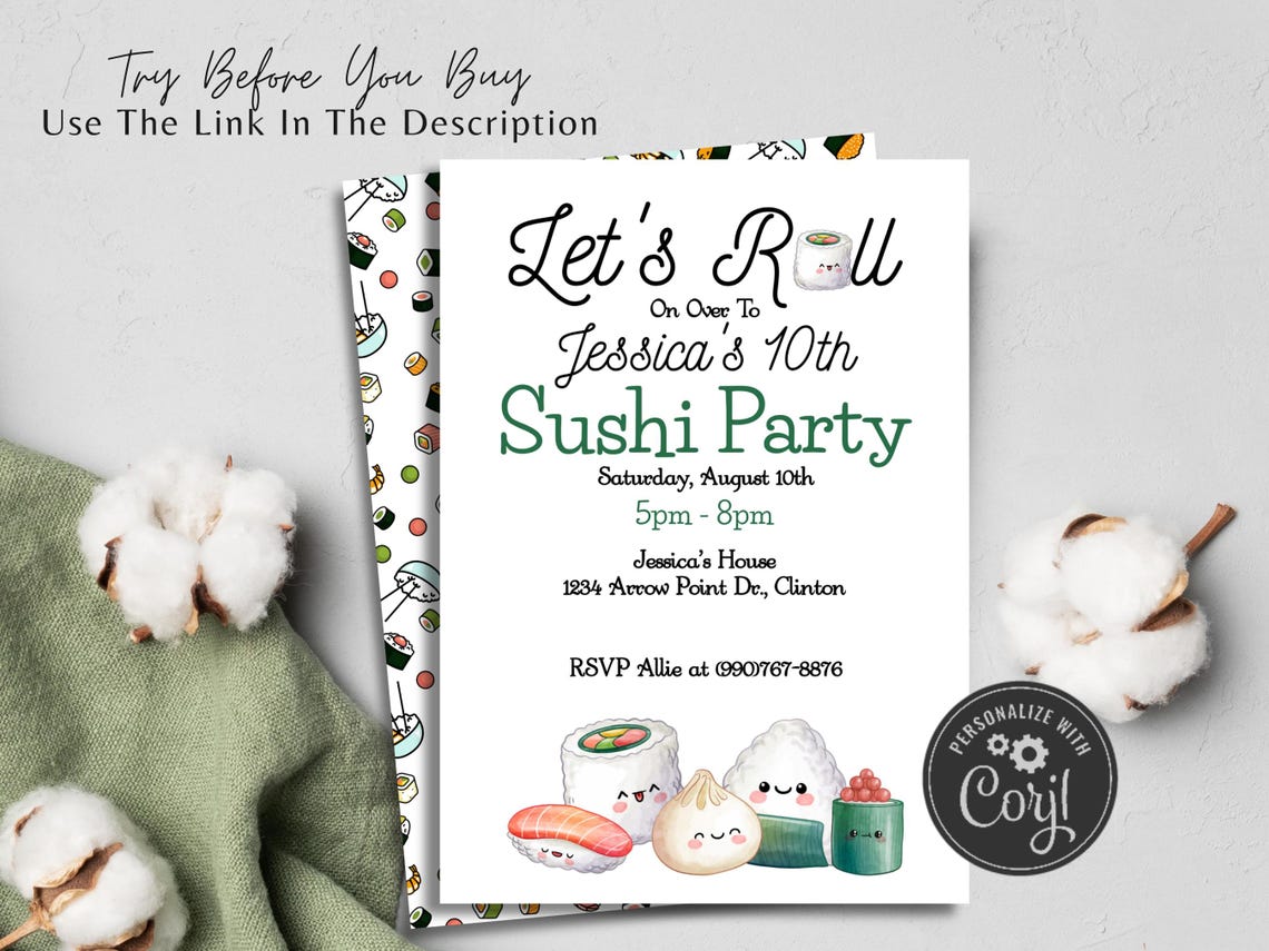Kawaii Sushi Birthday Party Invitation, Sushi Party Invitation, Sushi ...