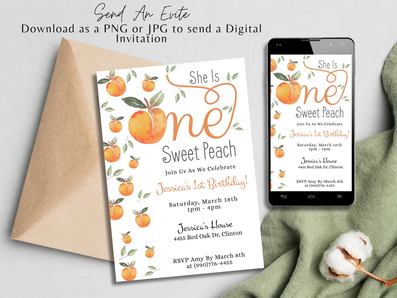 One Sweet Peach Birthday Invitation, Peach First Birthday Party Invite ...