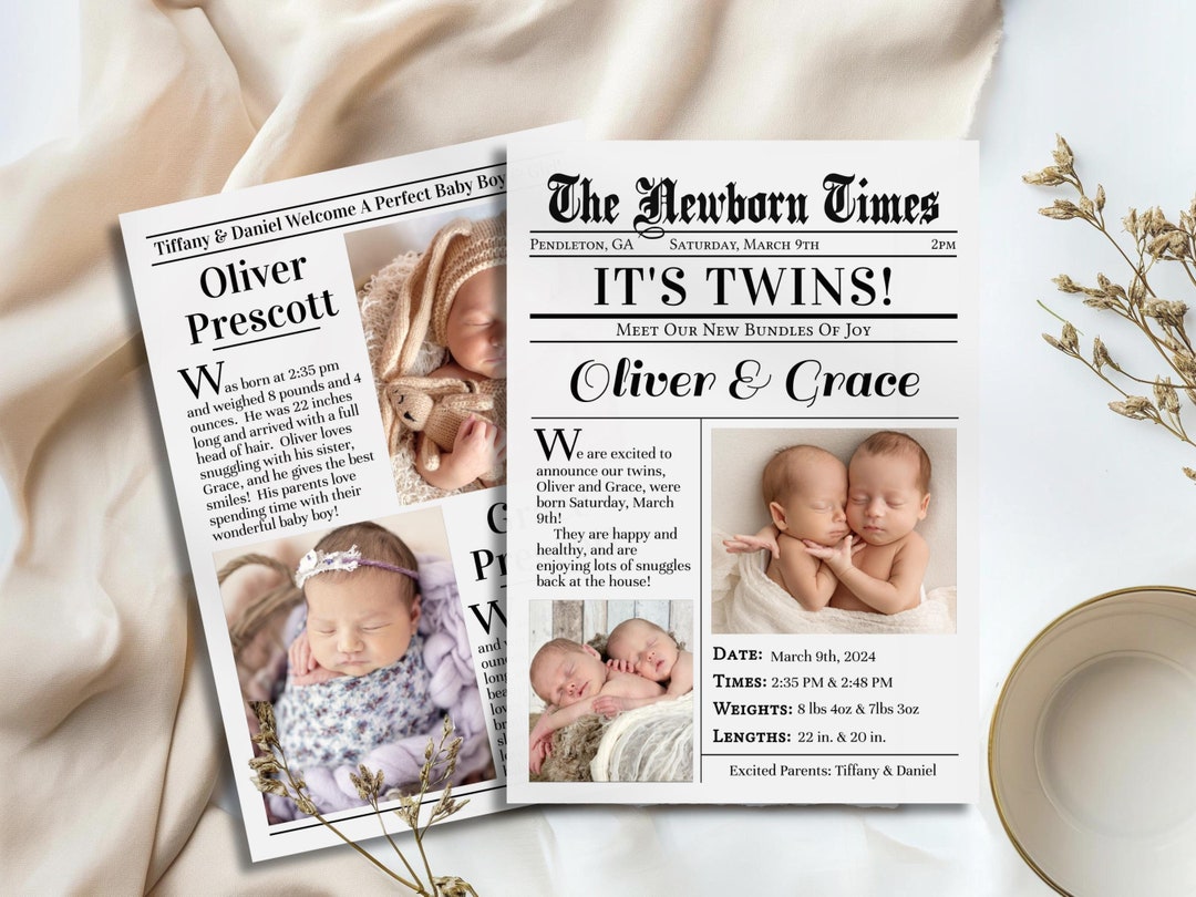 Twin Birth Announcement Template, Newspaper Baby Announcement, Twin ...