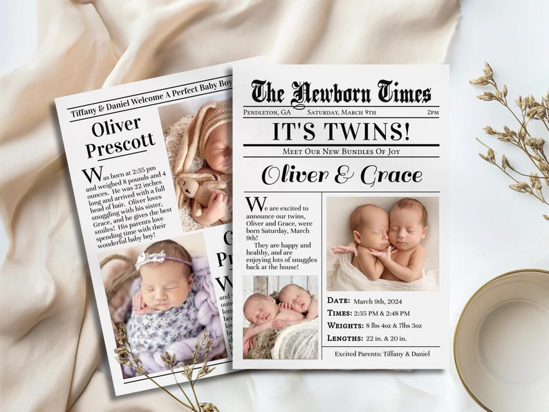 Twin Birth Announcement Template, Newspaper Baby Announcement, Twin ...