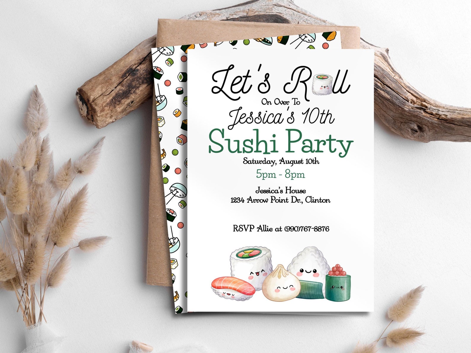 Kawaii Sushi Birthday Party Invitation, Sushi Party Invitation, Sushi ...