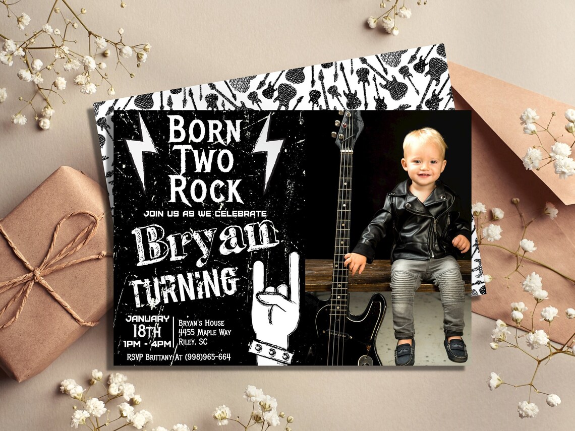 Born Two Rock Birthday Invitation With Photo, Born Two Rock Party ...