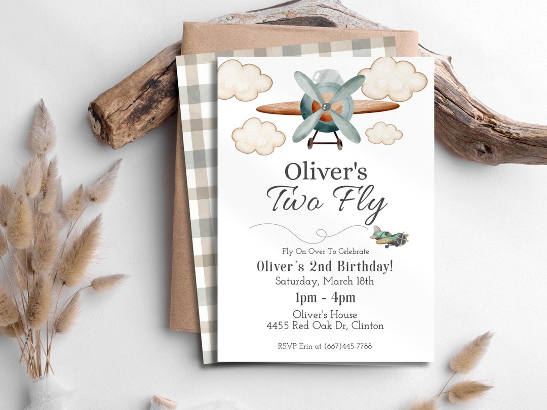 Two Fly Birthday Invitation, Second Birthday Airplane Birthday ...
