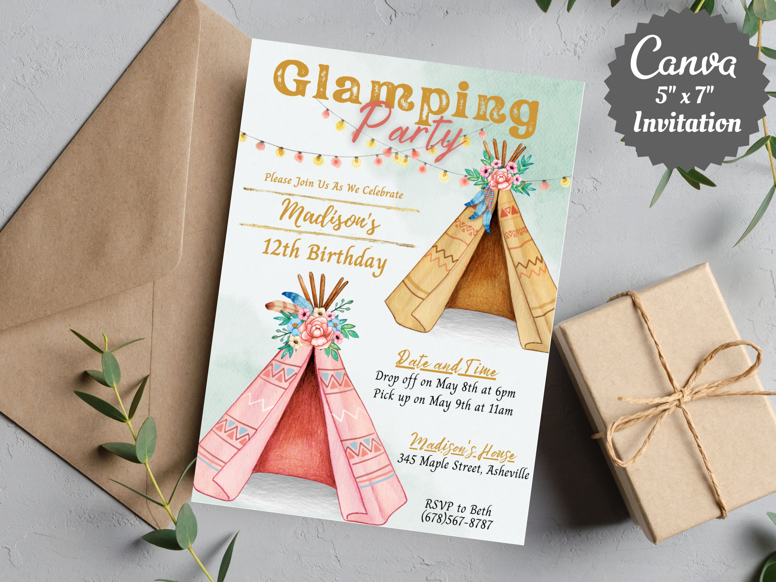Editable Glamping Party Invitation, Printable Teen Slumber Party ...
