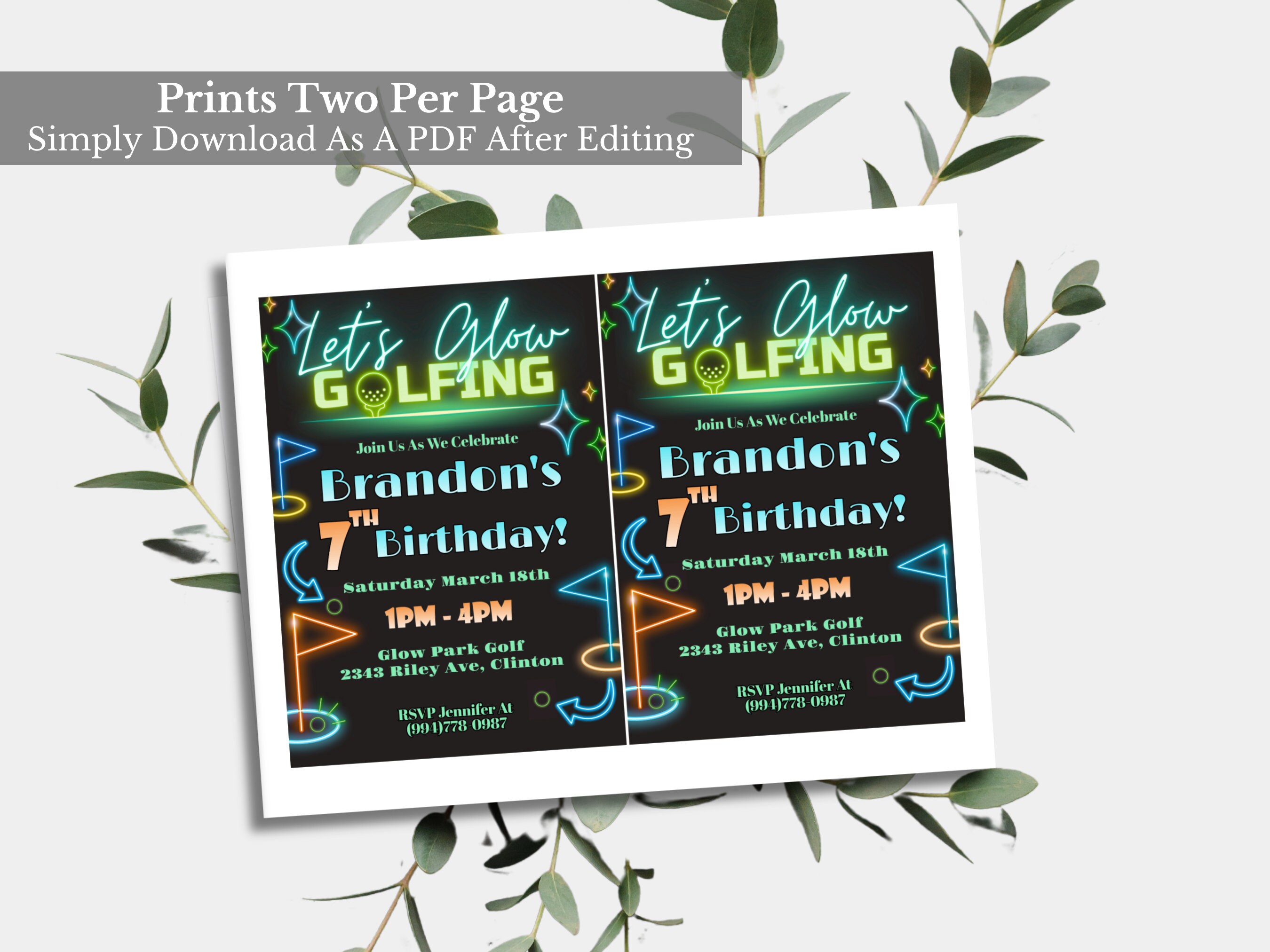 Editable Mini Golf Birthday Invitation, Glow Mini Golf Party Invite ...