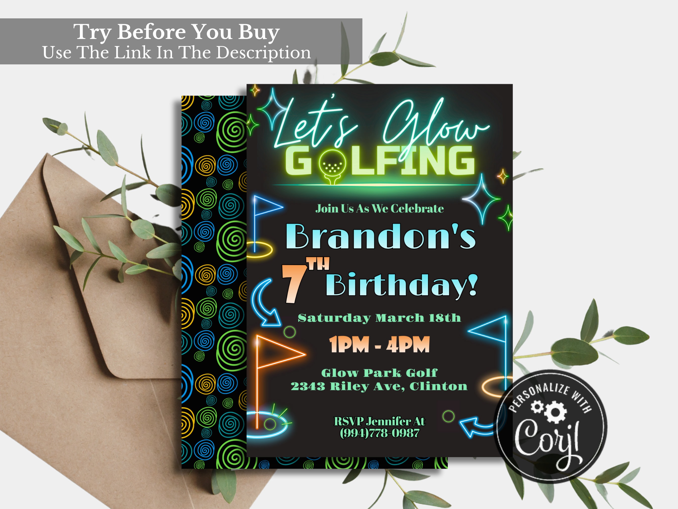 Editable Mini Golf Birthday Invitation, Glow Mini Golf Party Invite ...