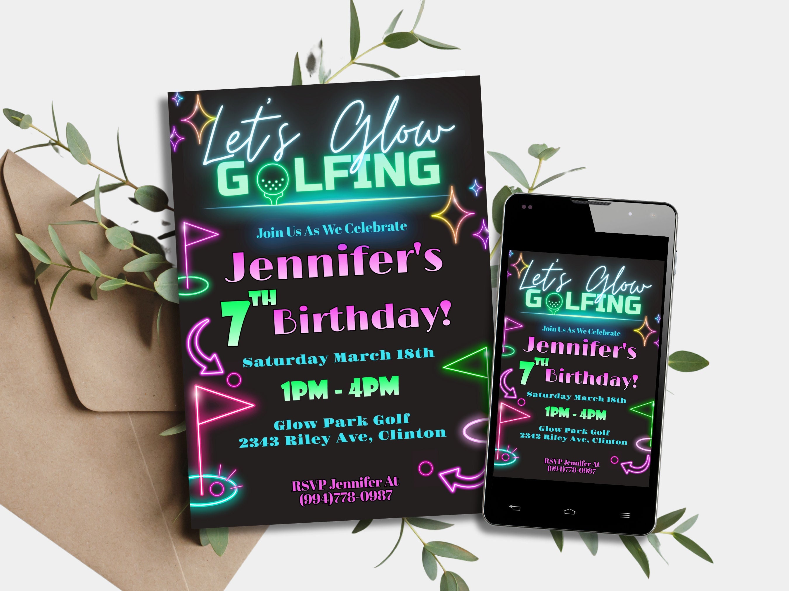 Editable Mini Golf Birthday Invitation, Glow Mini Golf Party Invite ...