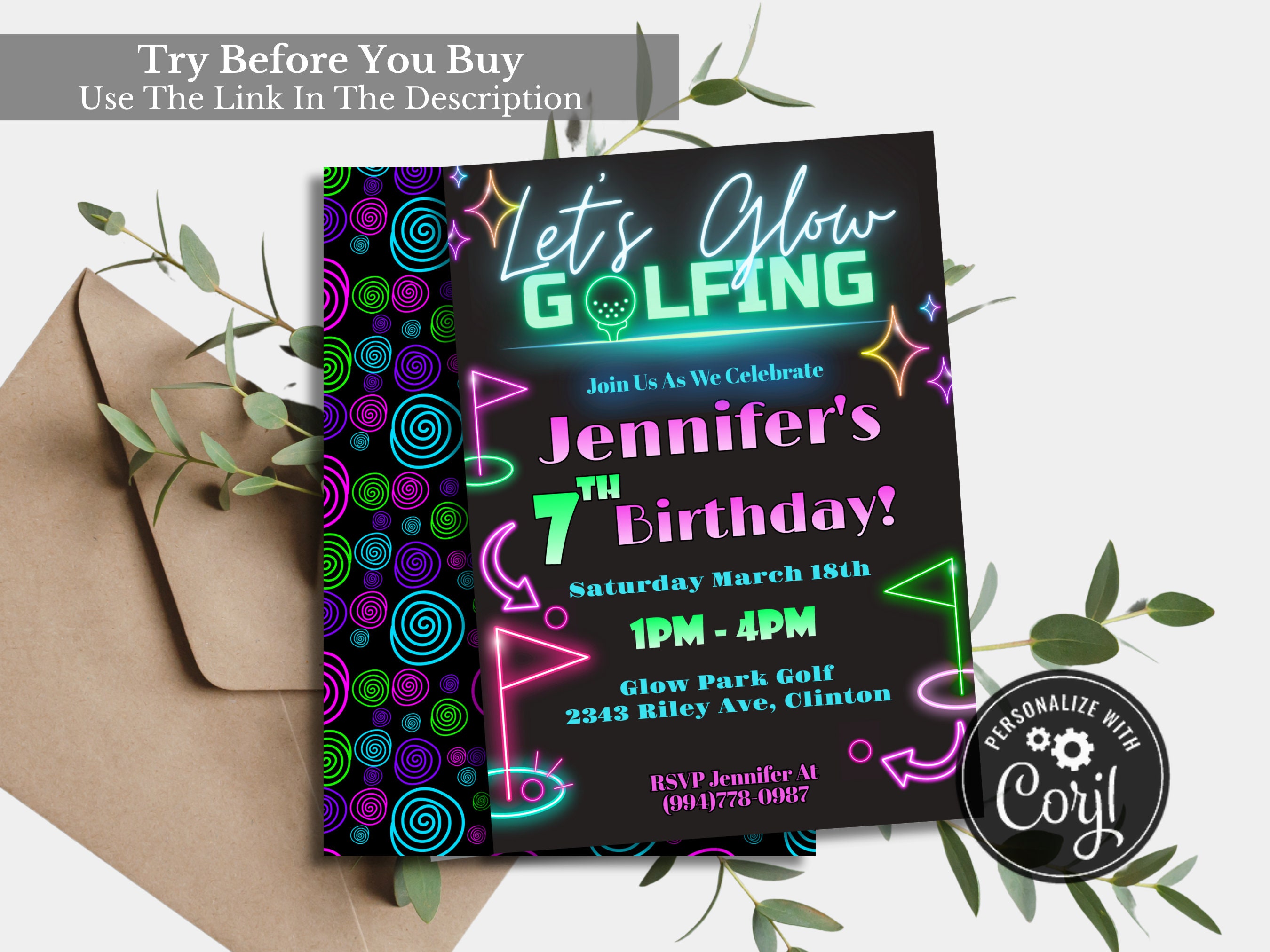 Editable Mini Golf Birthday Invitation, Glow Mini Golf Party Invite ...