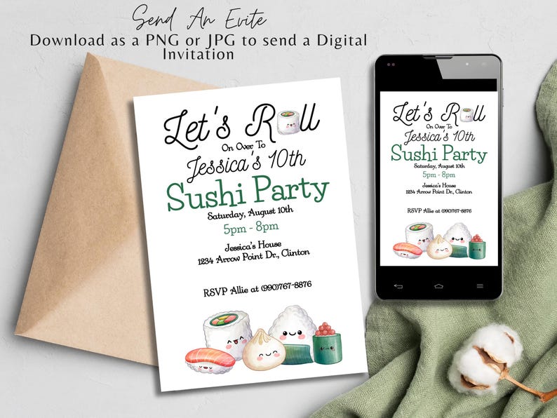 Kawaii Sushi Birthday Party Invitation, Sushi Party Invitation, Sushi ...