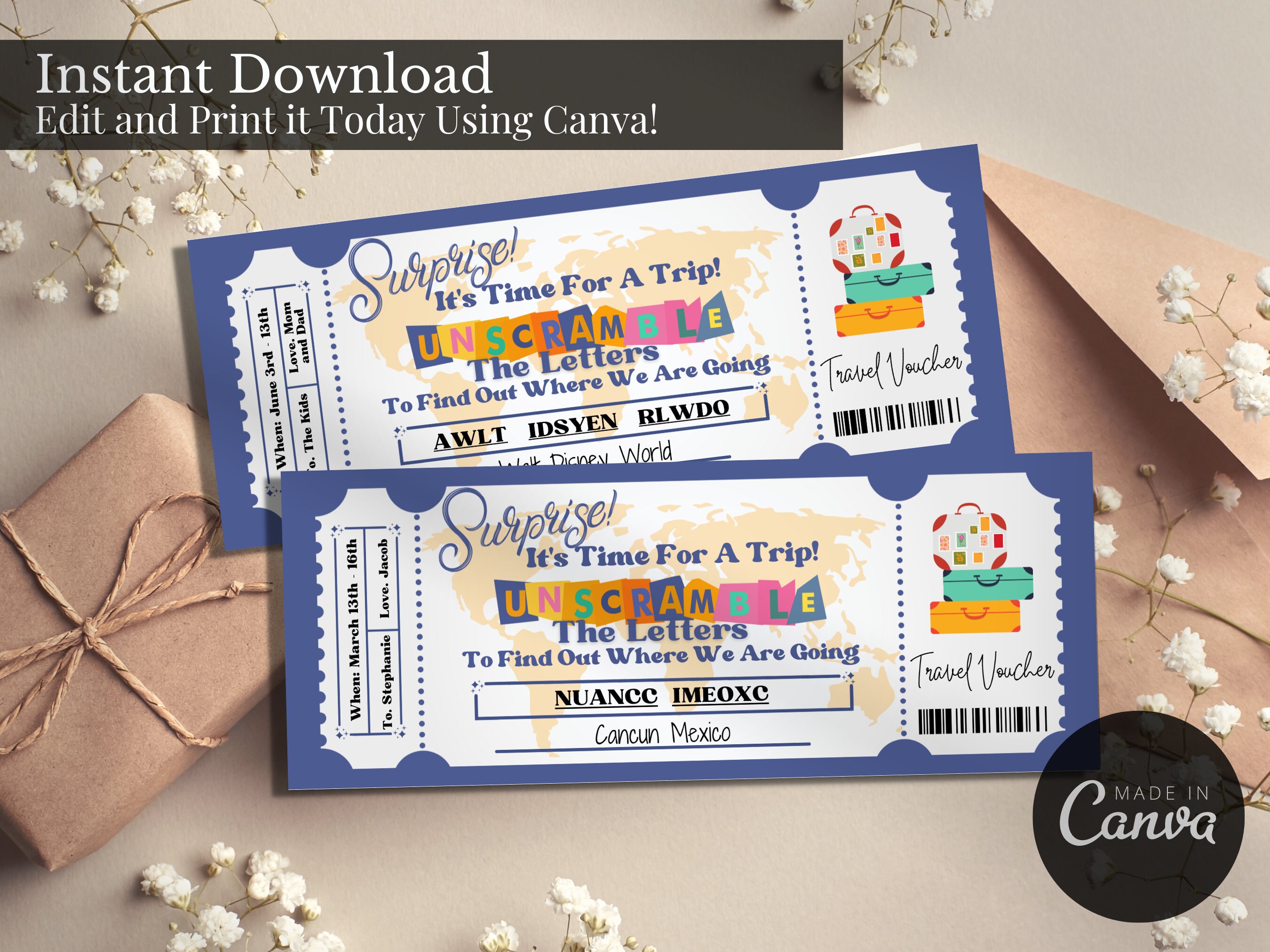 Editable Travel Voucher Template, Printable Surprise Trip Ticket ...