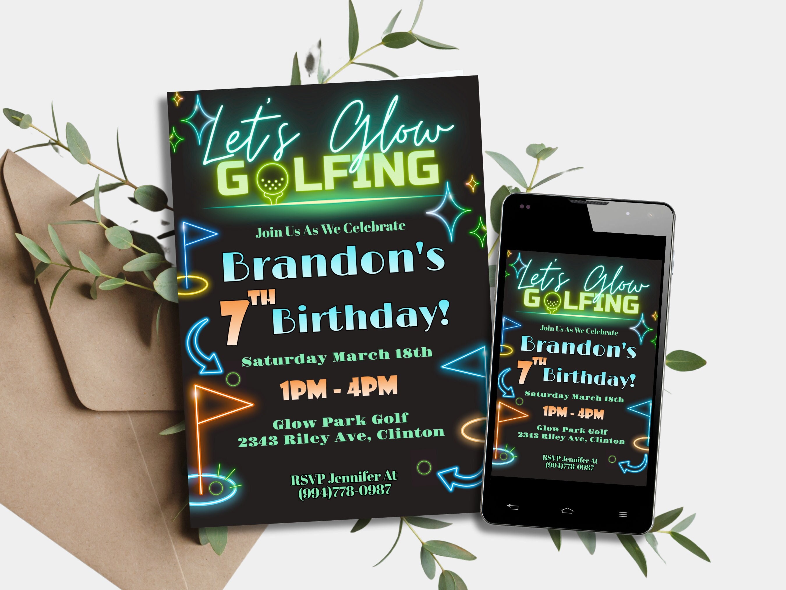 Editable Mini Golf Birthday Invitation, Glow Mini Golf Party Invite ...
