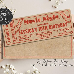 Editable Movie Night Ticket Invitation, Movie Birthday Invitation ...