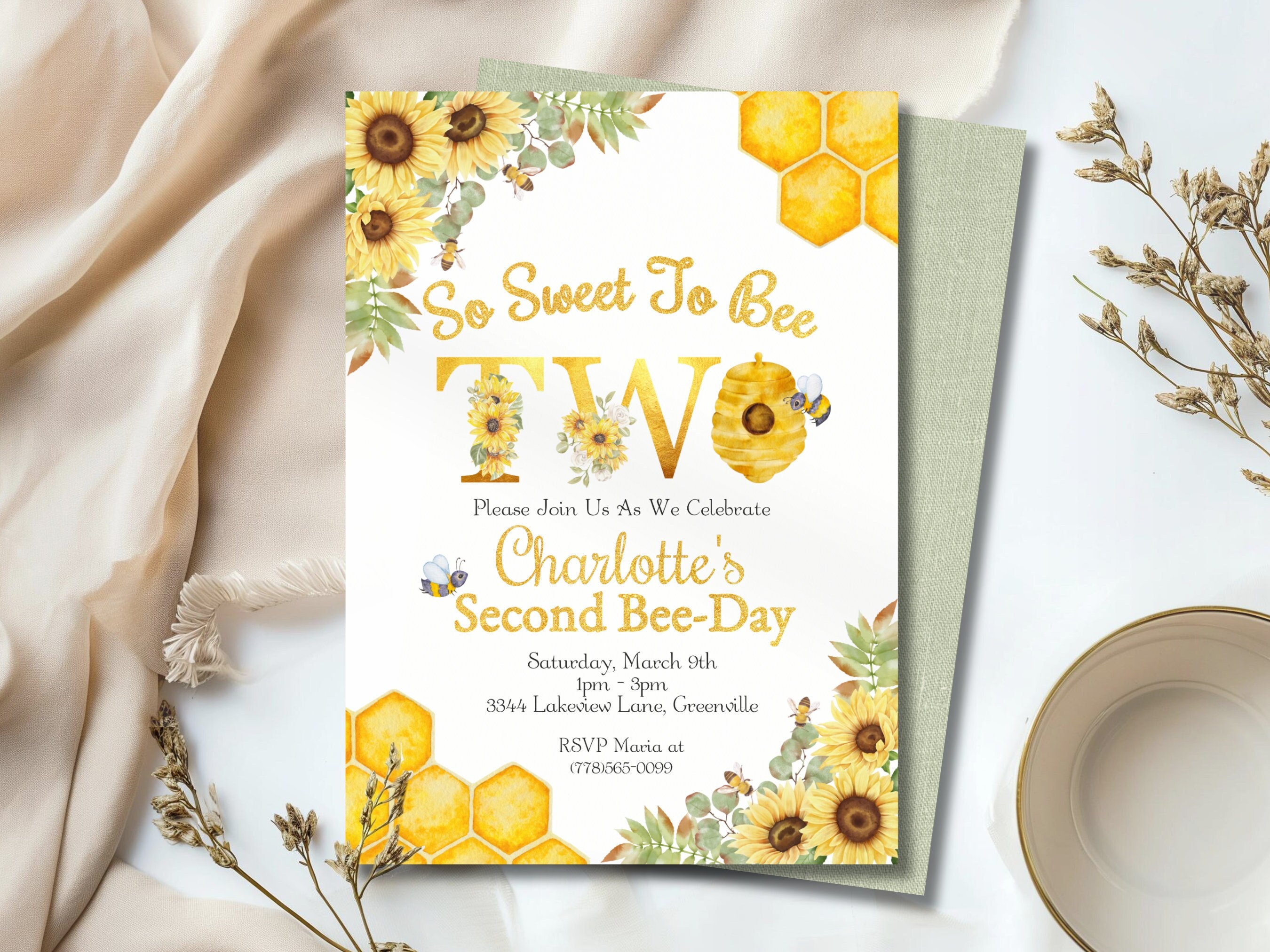 Editable Second Bee Day Birthday Party Invitation, so Sweet to Bee Two ...