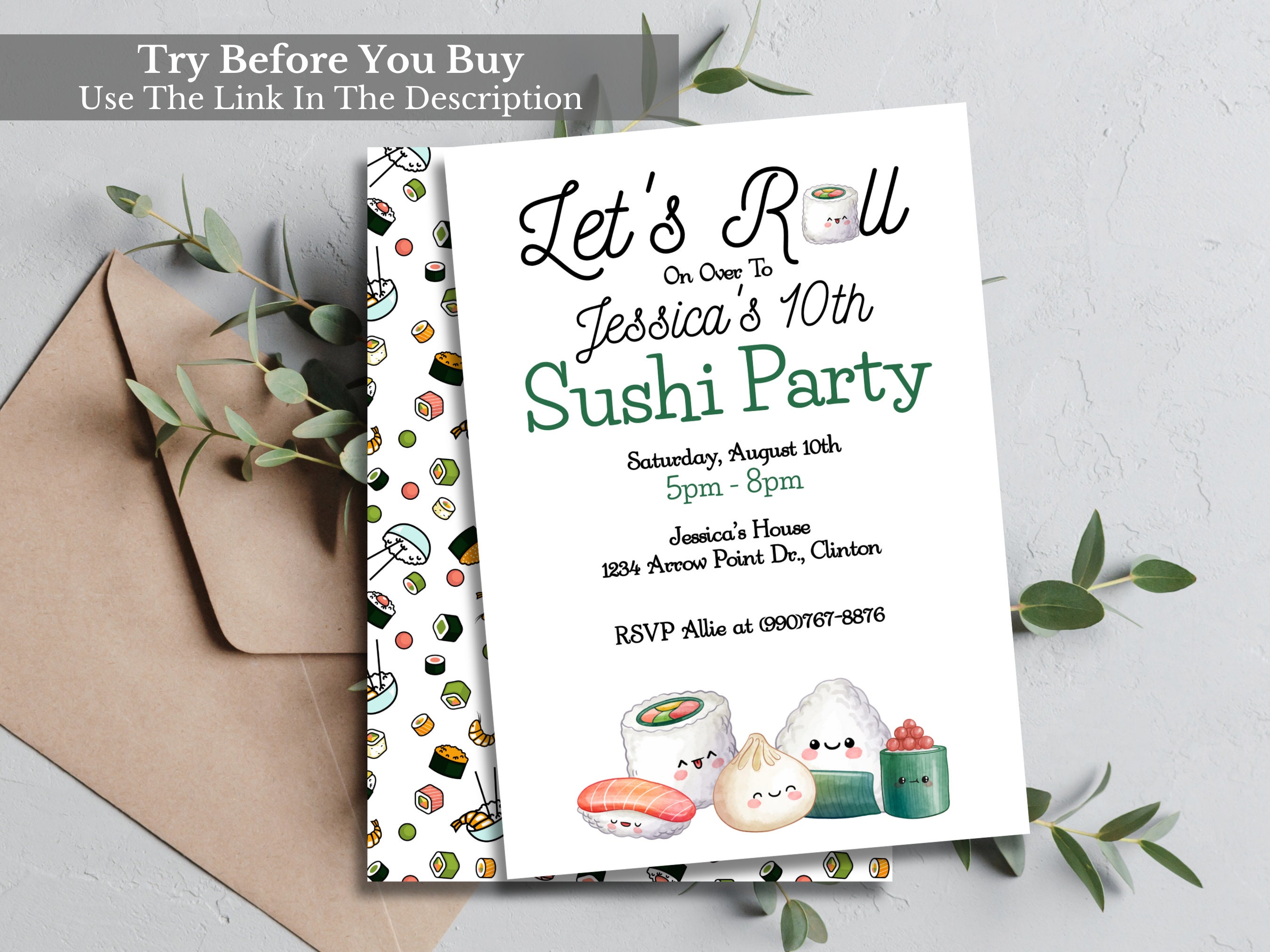 Kawaii Sushi Birthday Party Invitation, Sushi Party Invitation, Sushi ...