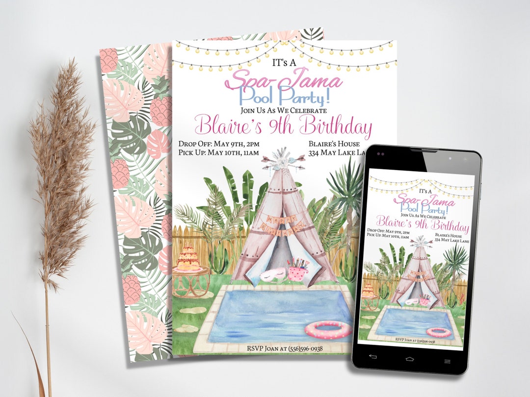 Spajama Pool Party Invitation, Spa Sleepover Invitation, Boho Pool ...