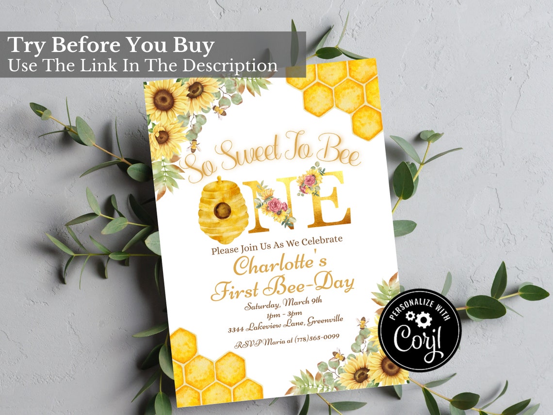 Editable First Bee Day Birthday Party Invitation, so Sweet to Bee One ...