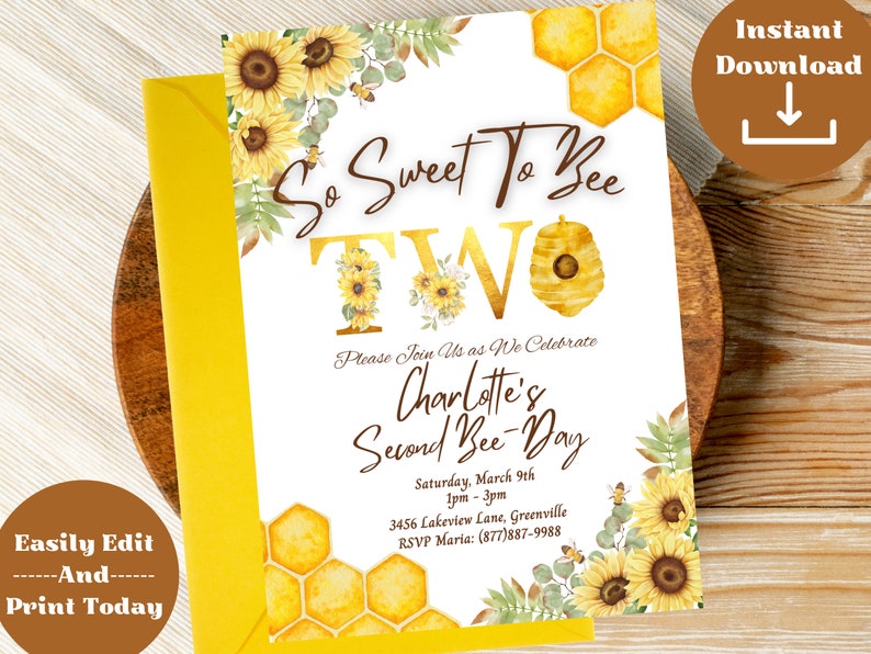 Editable Second Bee Day Birthday Party Invitation so Sweet to - Etsy