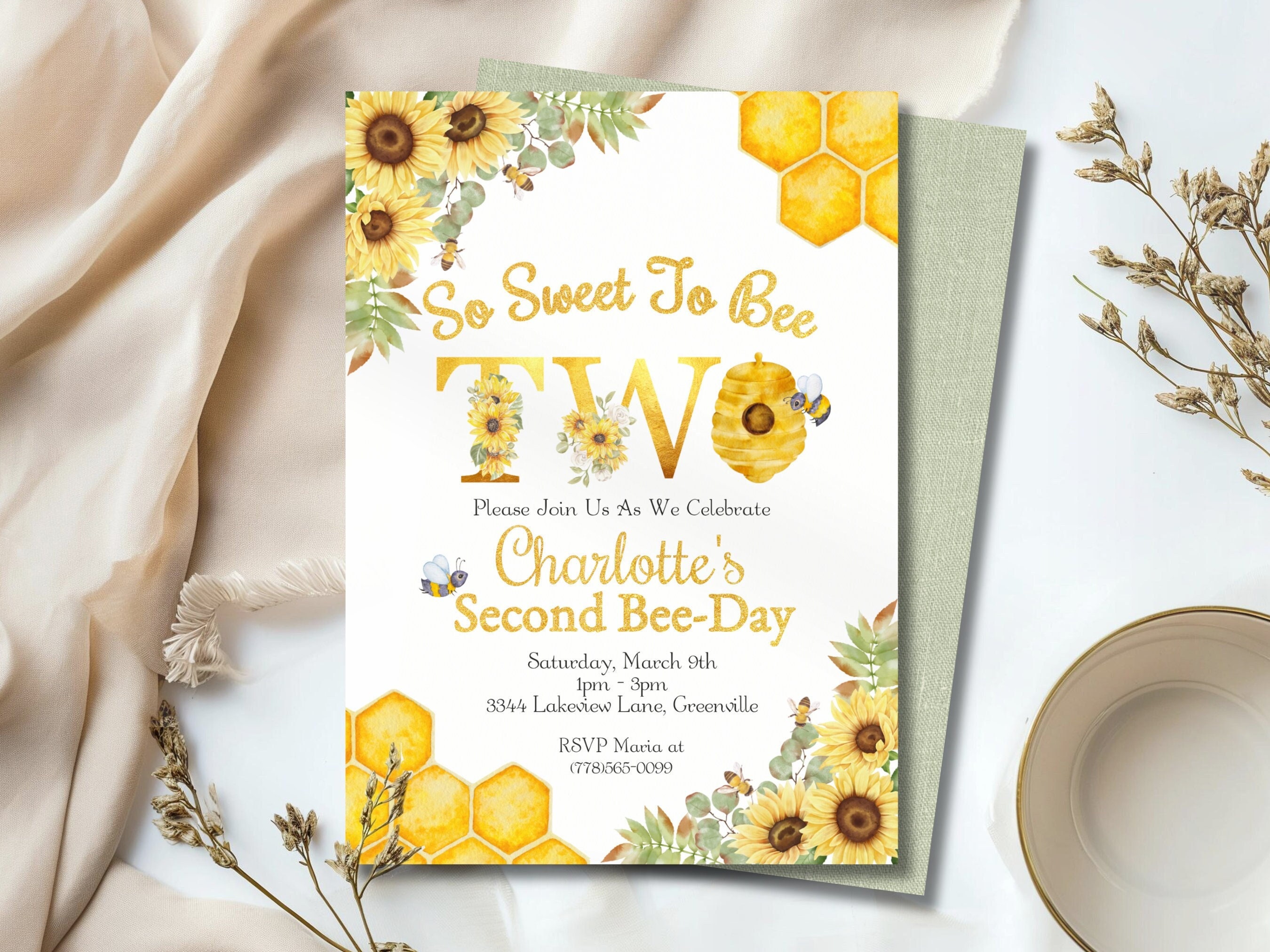 Editable Second Bee Day Birthday Party Invitation, so Sweet to Bee Two ...