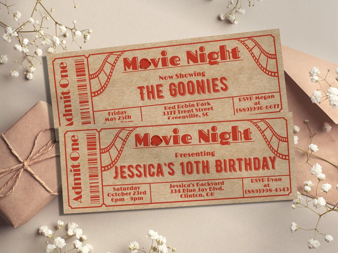 Editable Movie Night Ticket Invitation, Movie Birthday Invitation ...