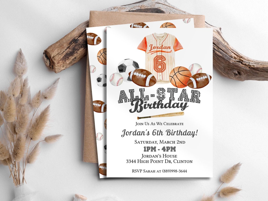 All Star Birthday Party Invitation, Sports Birthday Invitation Template ...