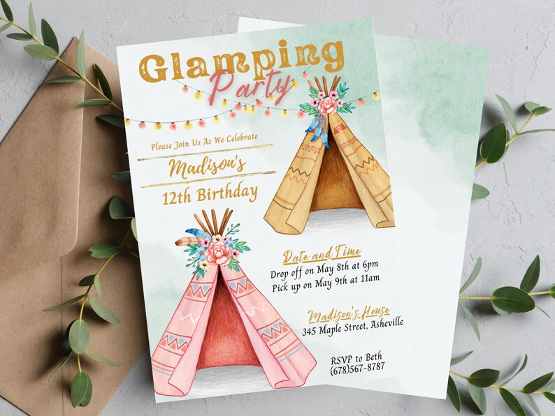 Editable Glamping Party Invitation, Printable Teen Slumber Party Invitation, Boho Teepee ...